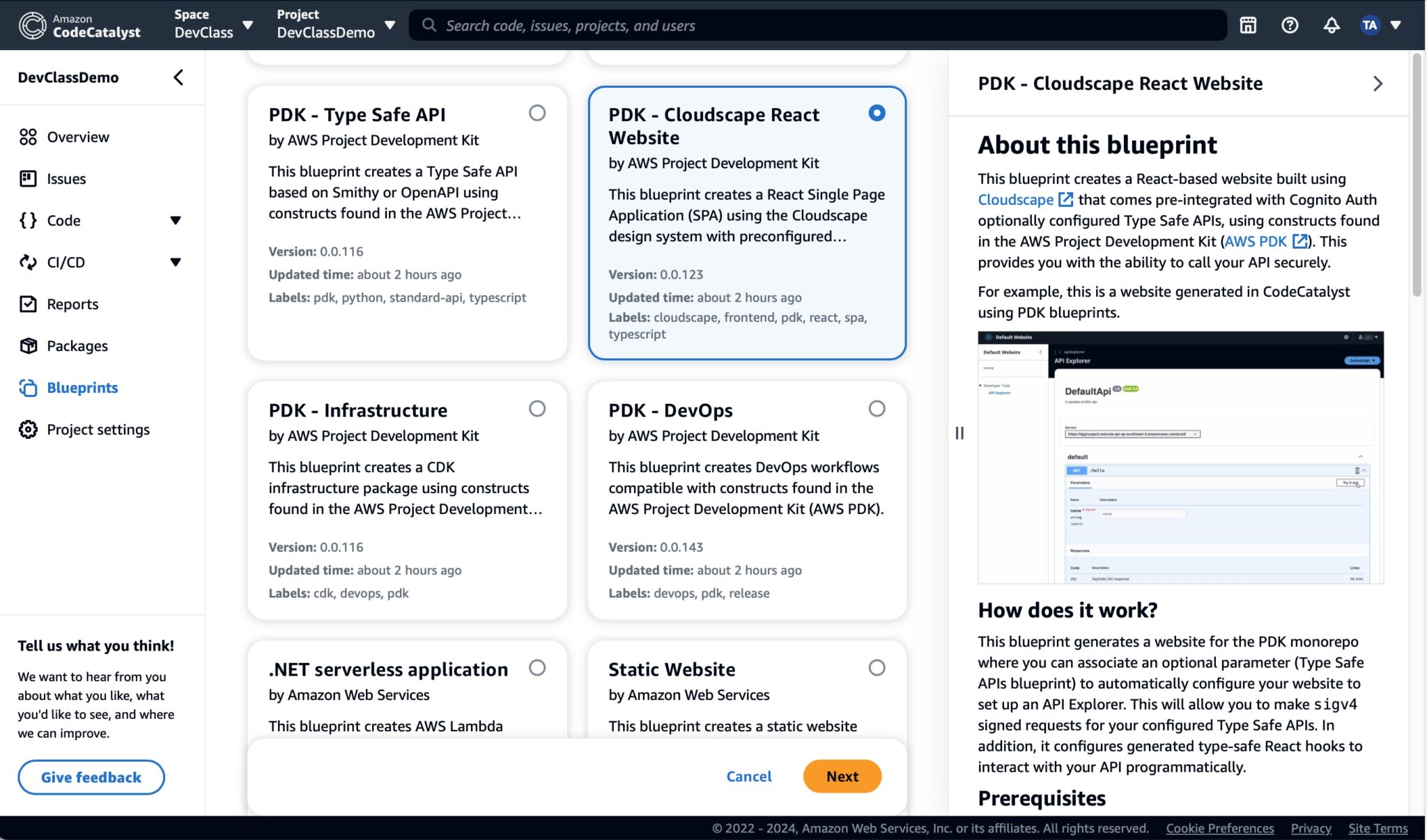 AWS combines "building block" blueprints with CodeCatalyst for rapid project creation including ...